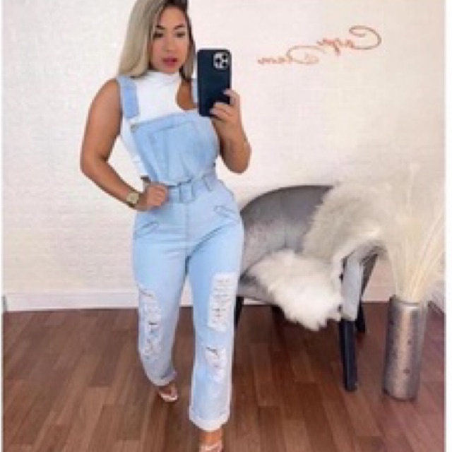 Jardineira Jeans Bolso Frontal Destroyed Tendencia Influencer Gringa ...