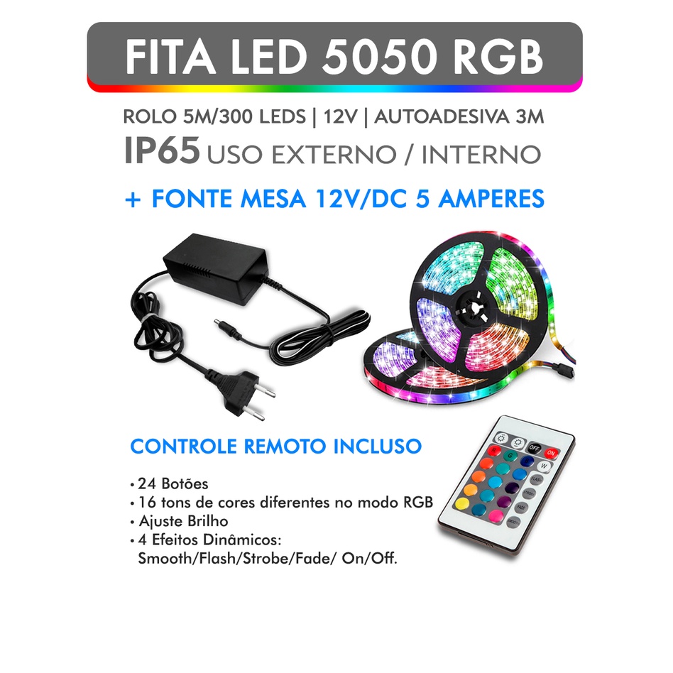 Kit Fita LED RGB 5050 IP65 5 Metros/300 Leds C/ Controle Remoto e Fonte Mesa 5 Amperes | Shopee ...
