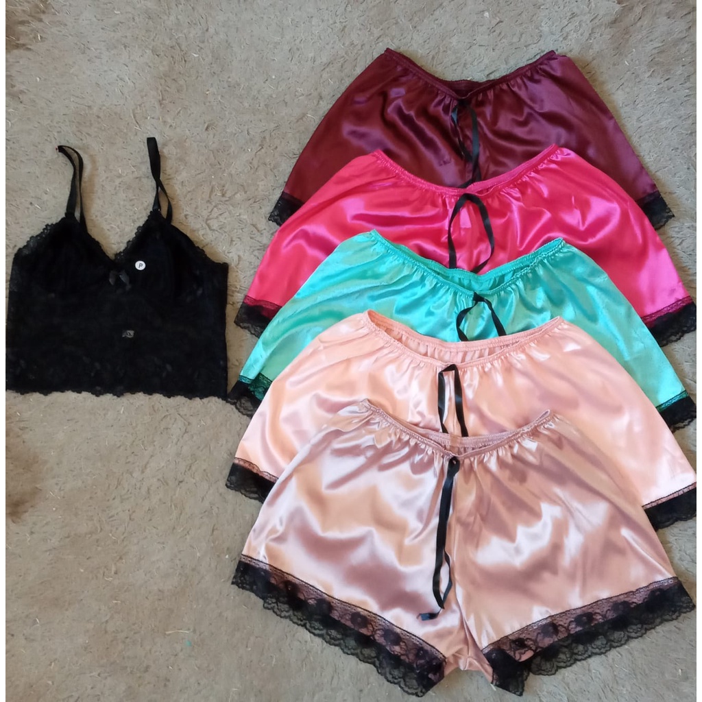 Short Doll, BabyDoll - Renda e Cetim - 1 peça - Com renda Preta/Cor ...