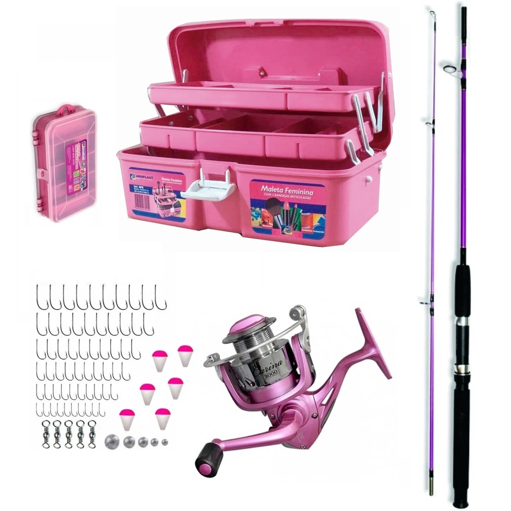 Kit Pesca Completo Rosa Molinete Vara Caixa e Acessorios | Shopee Brasil