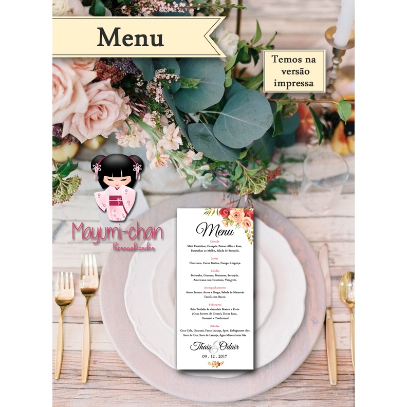 10 Menus Personalizados tamanho 9x20cm (Mod. Amanda) | Shopee Brasil