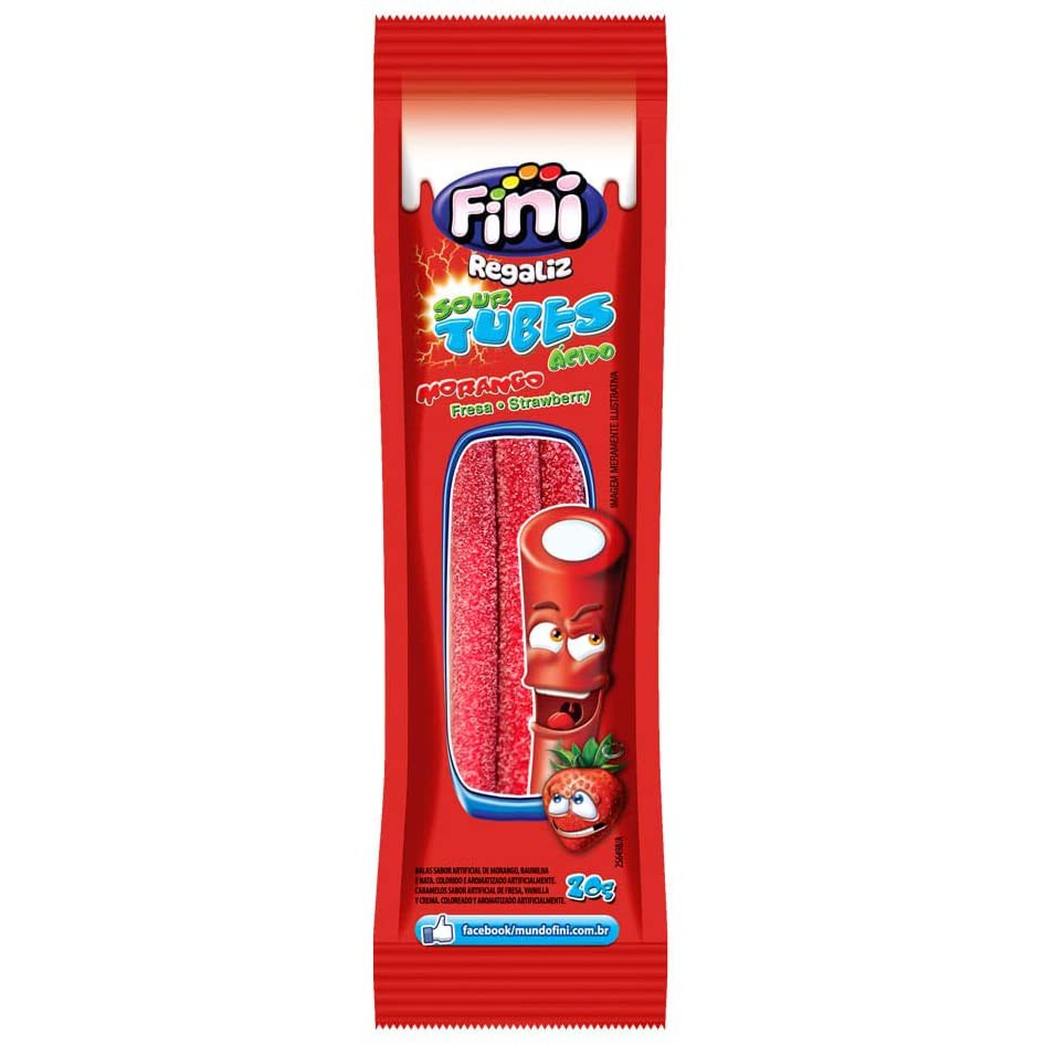 Bala Fini Morango Ácido ( Tubes morango azedinho) 1 pacote de 17g ...