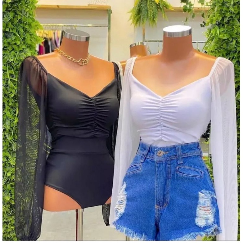 Body Bory Feminino Blogueira Manga Bufante em Tule | Shopee Brasil