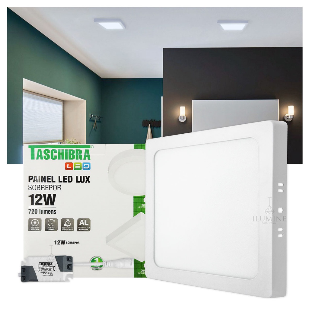 Painel LED Taschibra Lux 12W Quadrado Sobrepor | Shopee Brasil