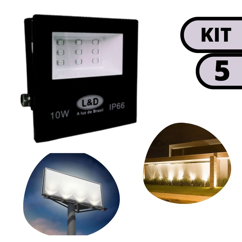 Kit 5 Refletor Led 20w Holofote Bivolt Slim Resistente Agua Branco Frio IP66 6500K | Shopee Brasil