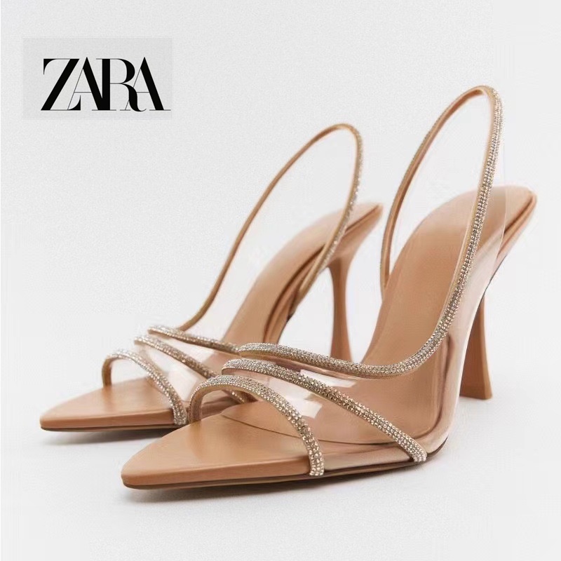 Zara Sapatos Femininos De Cor natural stiletto rhinestone Transparente Ponta De Salto Alto ...