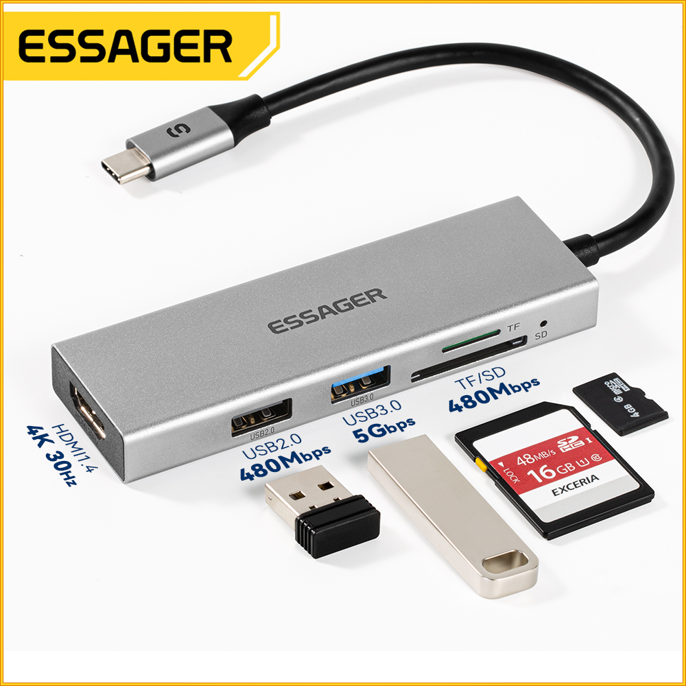 Essa Essager 5 Em 1 usb Hub Tipo c Adaptador 4K 30Hz HDMI Conector SD/TF Multifuncional Para ...
