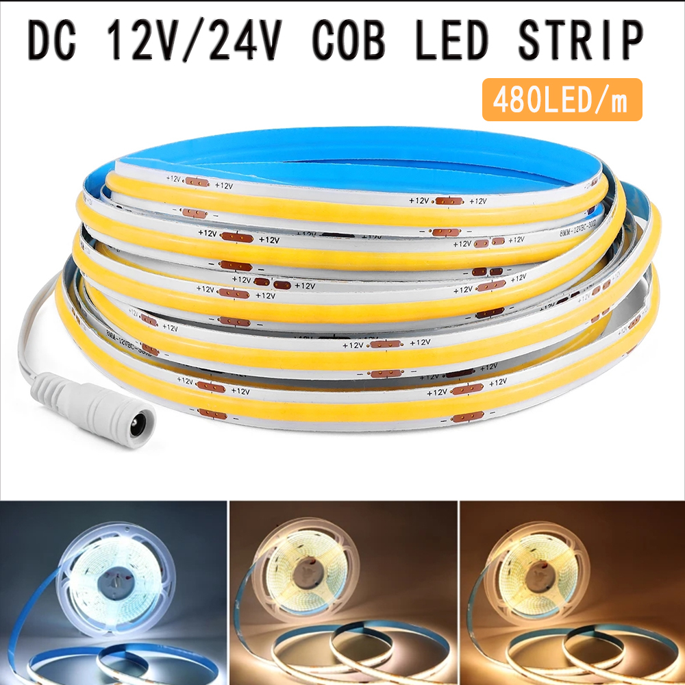 Fita LED Flexível COB 12V 24V 5M 4M 3M 2M 1M 480LEDs/M De Alta Densidade 3000K 4000K 6000K ...