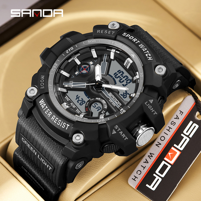 SANDA Digital Masculino Relógio Militar 50M À Prova Dwaterproof Água Duplo Display Quartzo ...