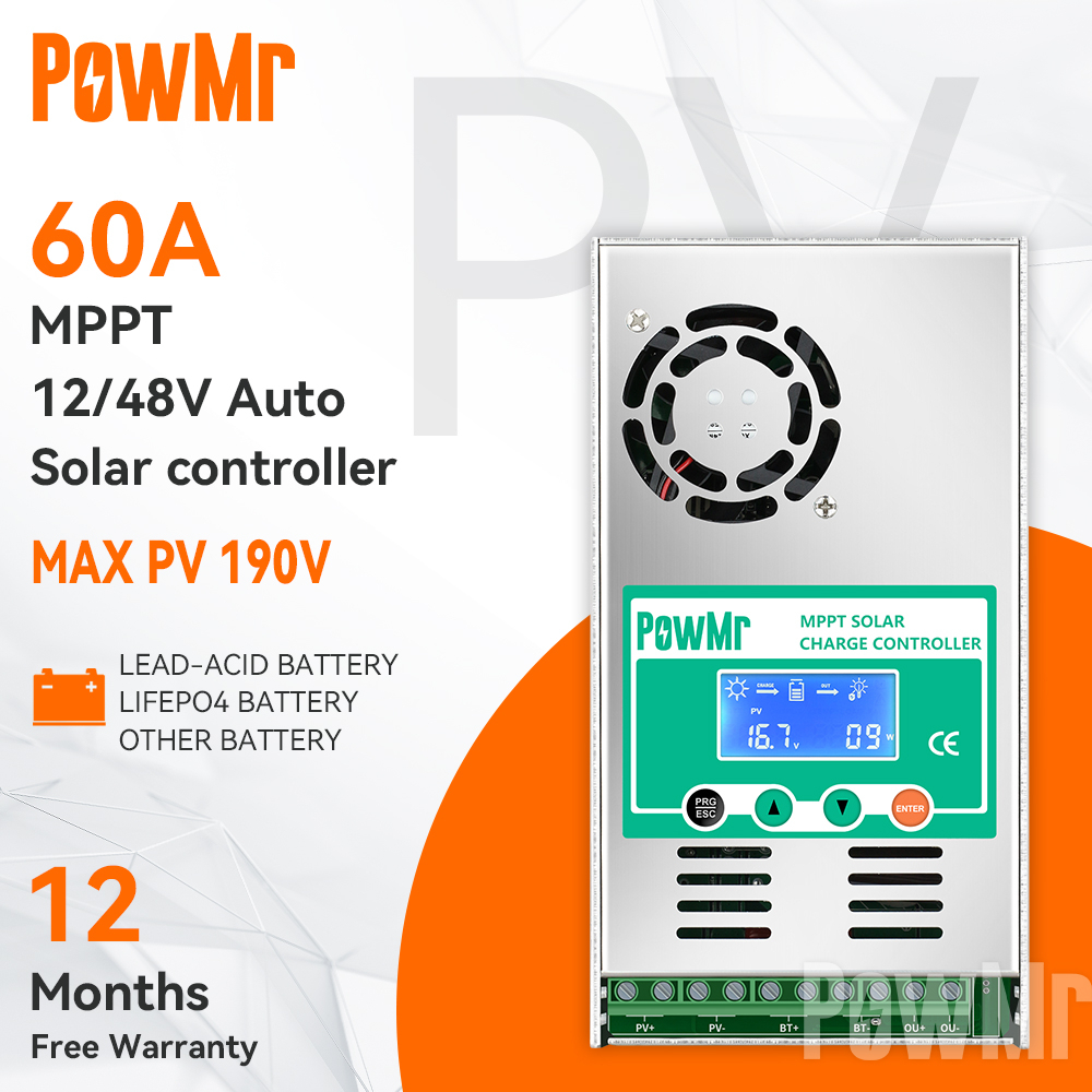 PowMr 60A Controlador De Carga Solar MPPT 12V/24V/36V/48V Automático Max PV 190 VDC Suporte ...