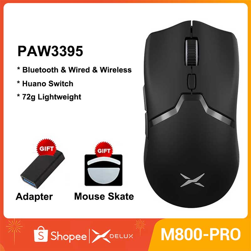Rato Para Jogos Sem Fio Delux M800 PRO PAW3395 72g Com Leve Programável De PC - Faz a Boa!