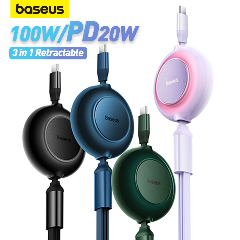 Baseus 3 in 1 Retractable 100W/66W USB Type C Cable for iPhone Macbook Pro Samsung Xiaomi ...