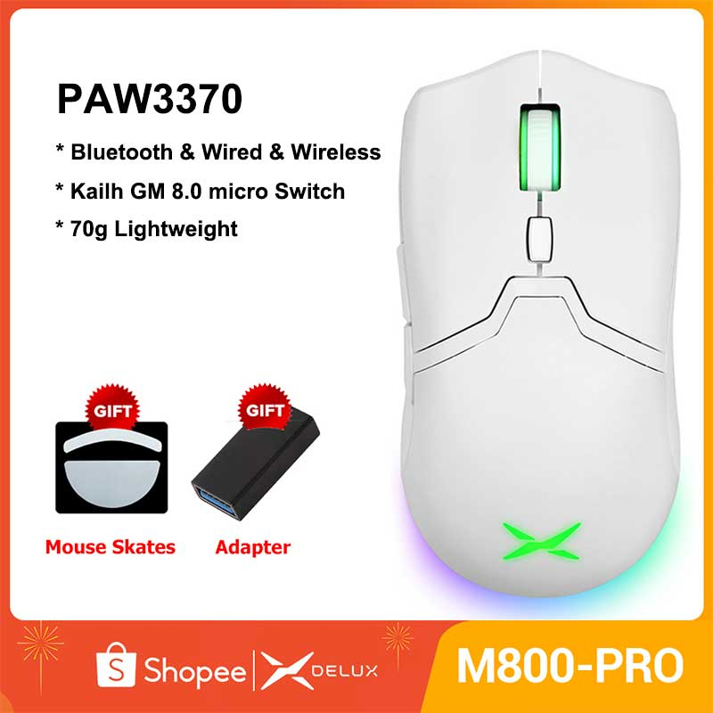 Delux M800pro M800 pro Paw370 RGB Óptico Recarregável Programável Sem Fio Gaming Mouse Tipo C ...