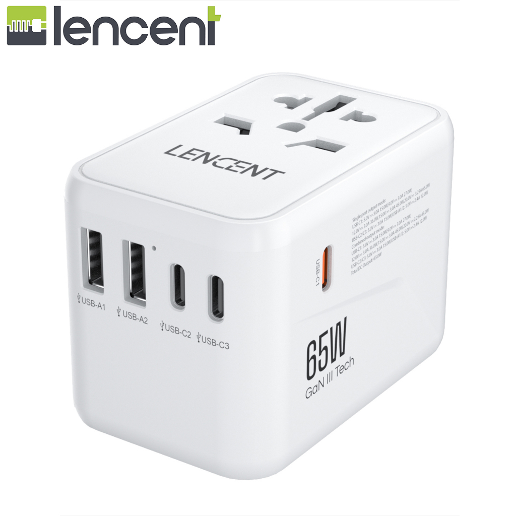 LENCENT GaN III 65W Adaptador Universal De Viagem , Carregador Internacional Com 2 Portas USB E ...