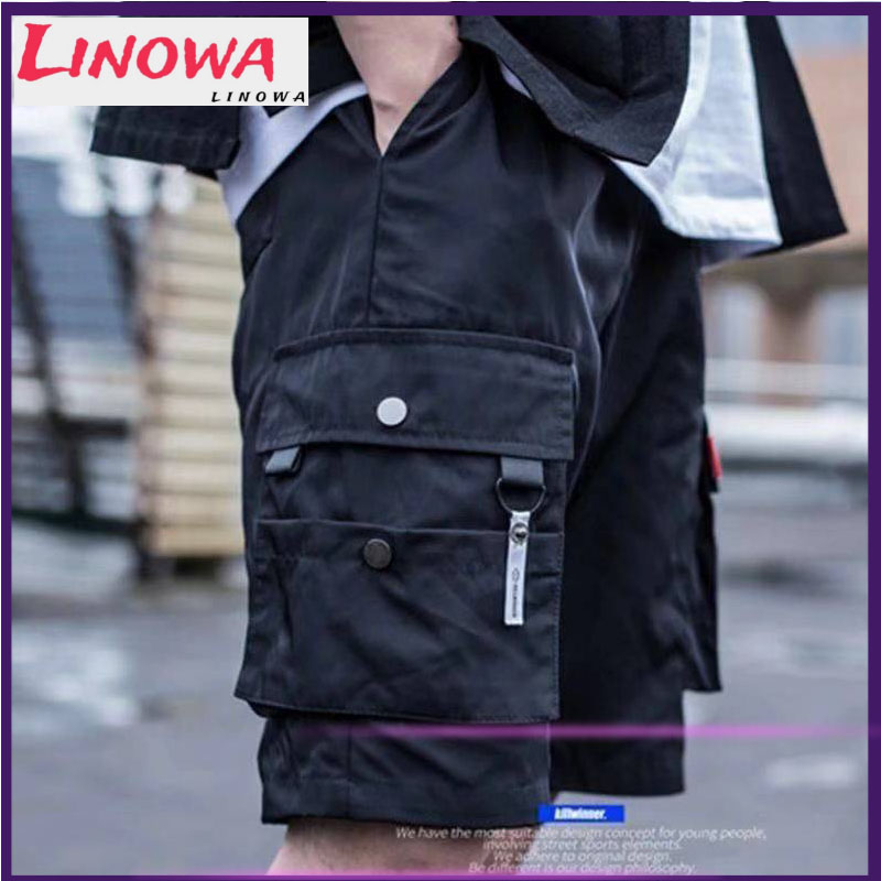 Shorts Cargo Homens Streetwear Bermudas Com Fitas Laterais Verão