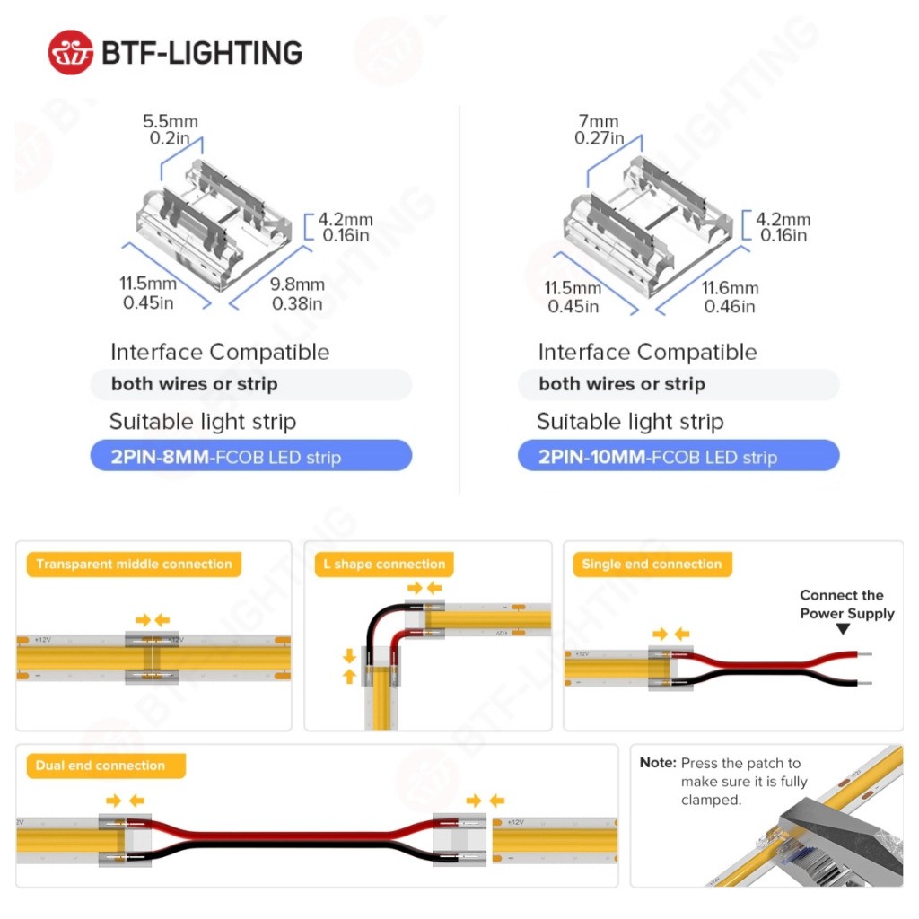 BTF-LIGHTING 2Pin FCOB Conectores De Fita LED , 8MM/10MM 12 Terminais ...