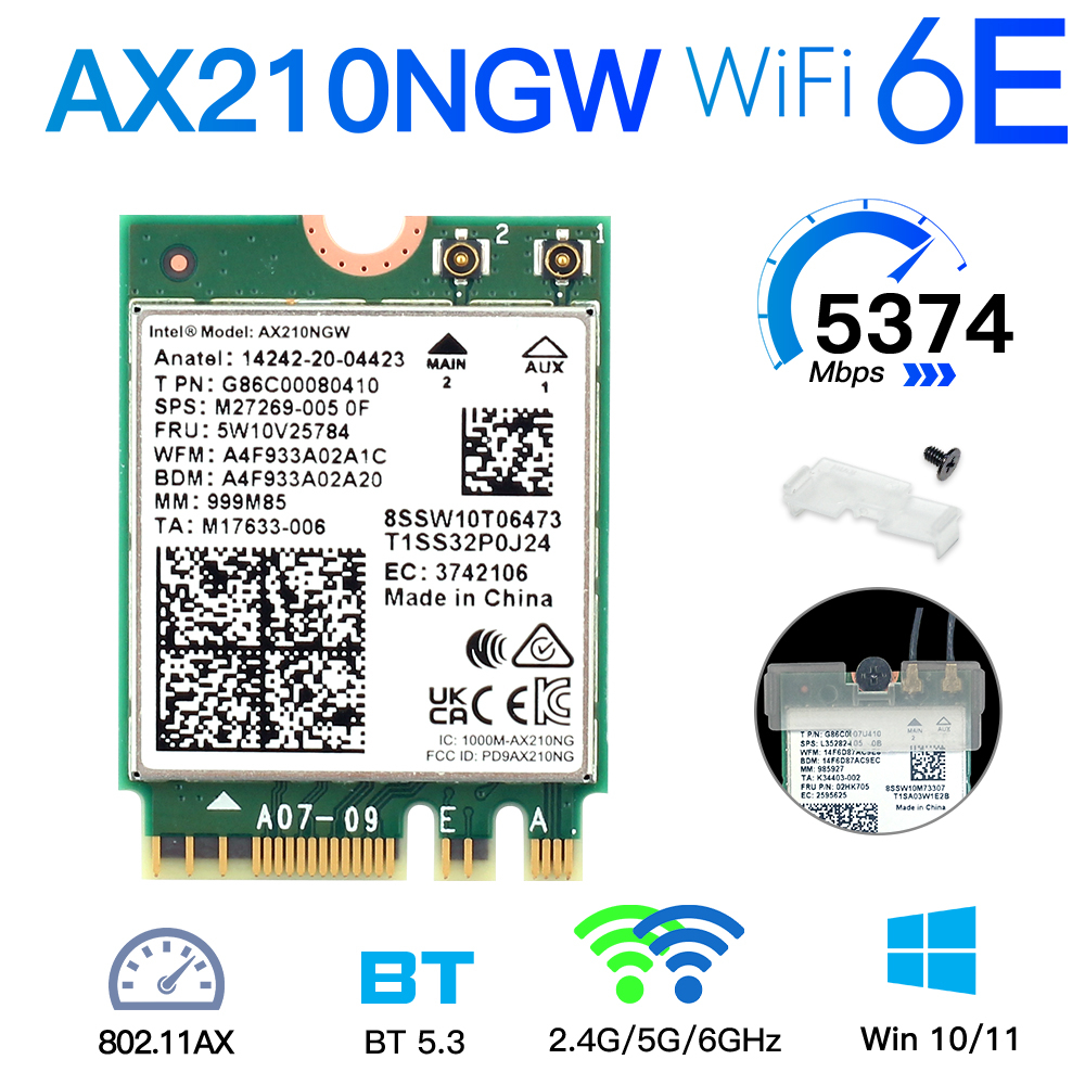 WiFi 6E Intel AX210NGW Dual Band 2.4G/5G/6Ghz 802.11AX 5374Mbps AX210 Bluetooth 5.3 Adaptador De ...