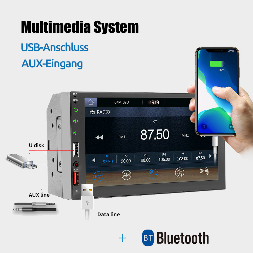 Rádio Carro Double Din 7 " Carplay Android Auto RDS TF AUX Bluetooth FM ...