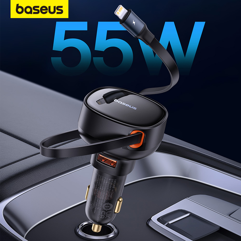 Carregador De Carro Baseus 2 Em 1 Rápido De 30W PD 25W USB C Cabo Retrátil Embutido Para ...