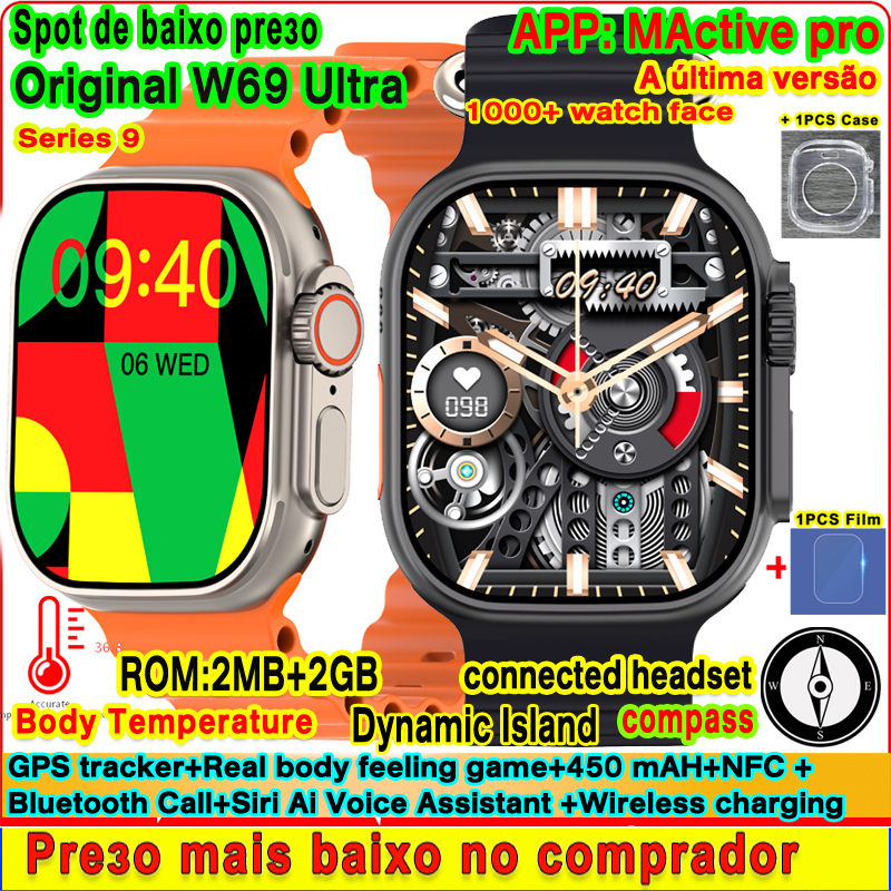 2GB ROM Original W69 Ultra Smart Watch Series 9 Bússola GPS Rastreador Siri Chamada NFC Sinta O ...