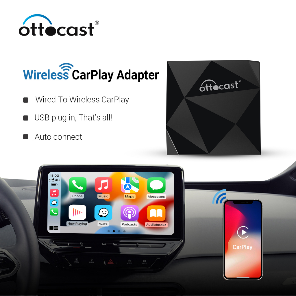 OTTOCAST U2-AIR Adaptador CarPlay Sem Fio Para Carros Com , Plug & Play 5Ghz WiFi Auto Connect ...