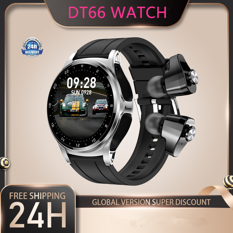 GT66 Smartwatch Relógio Inteligente Com Earbuds Rastreador De Fitness Redondo De 1,39 Polegadas ...