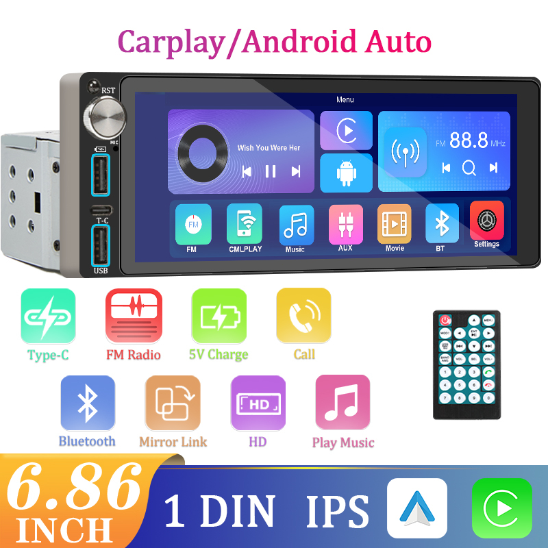Central Multimídia Carplay Android Automotivo MP5 1 Din Bluetooth Portas USB Tipo C De 6,86 ...