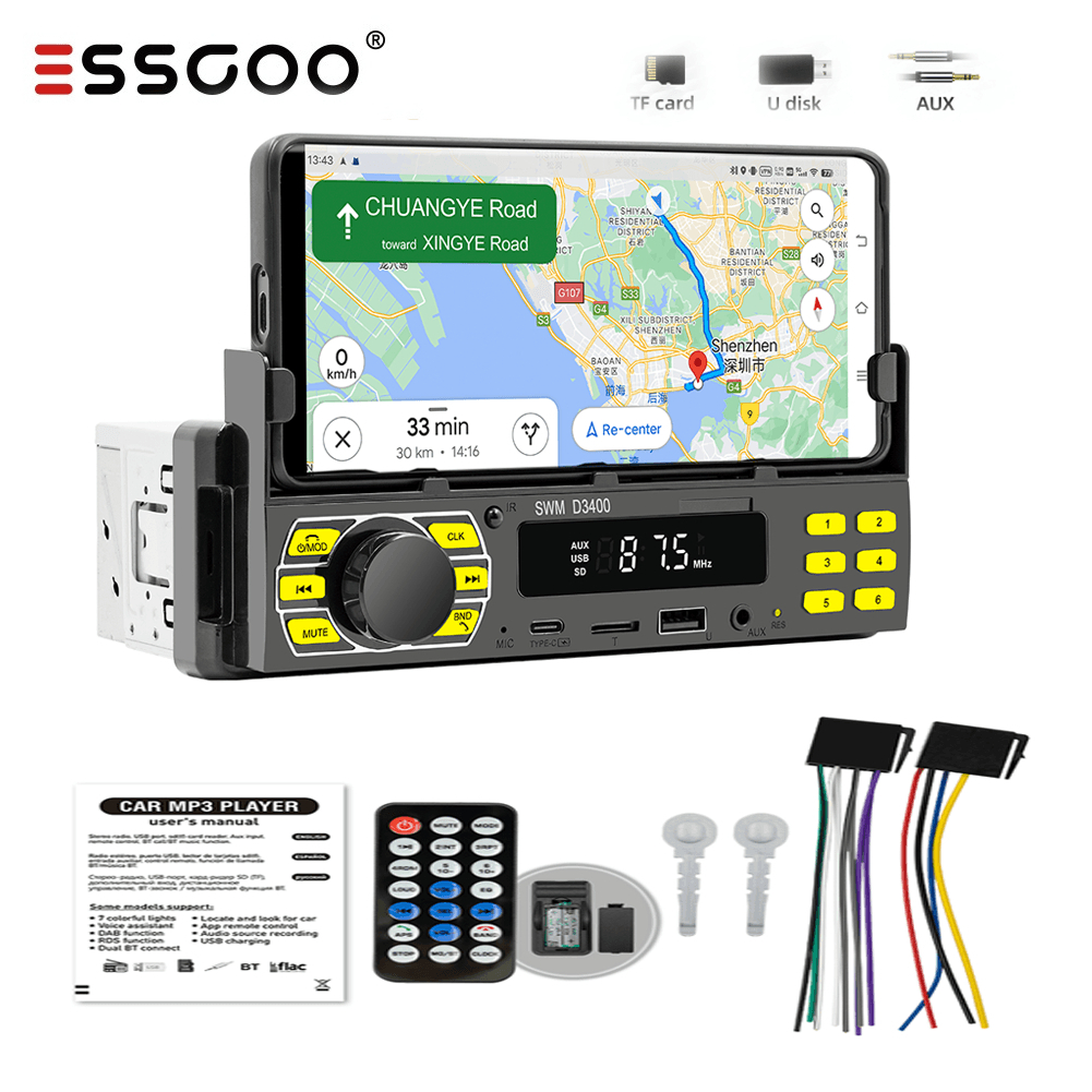 Rádio ESSGOO Single 1 Din Car Com Suporte Para Telefone Celular MP3 Player Bluetooth Subwoofer ...