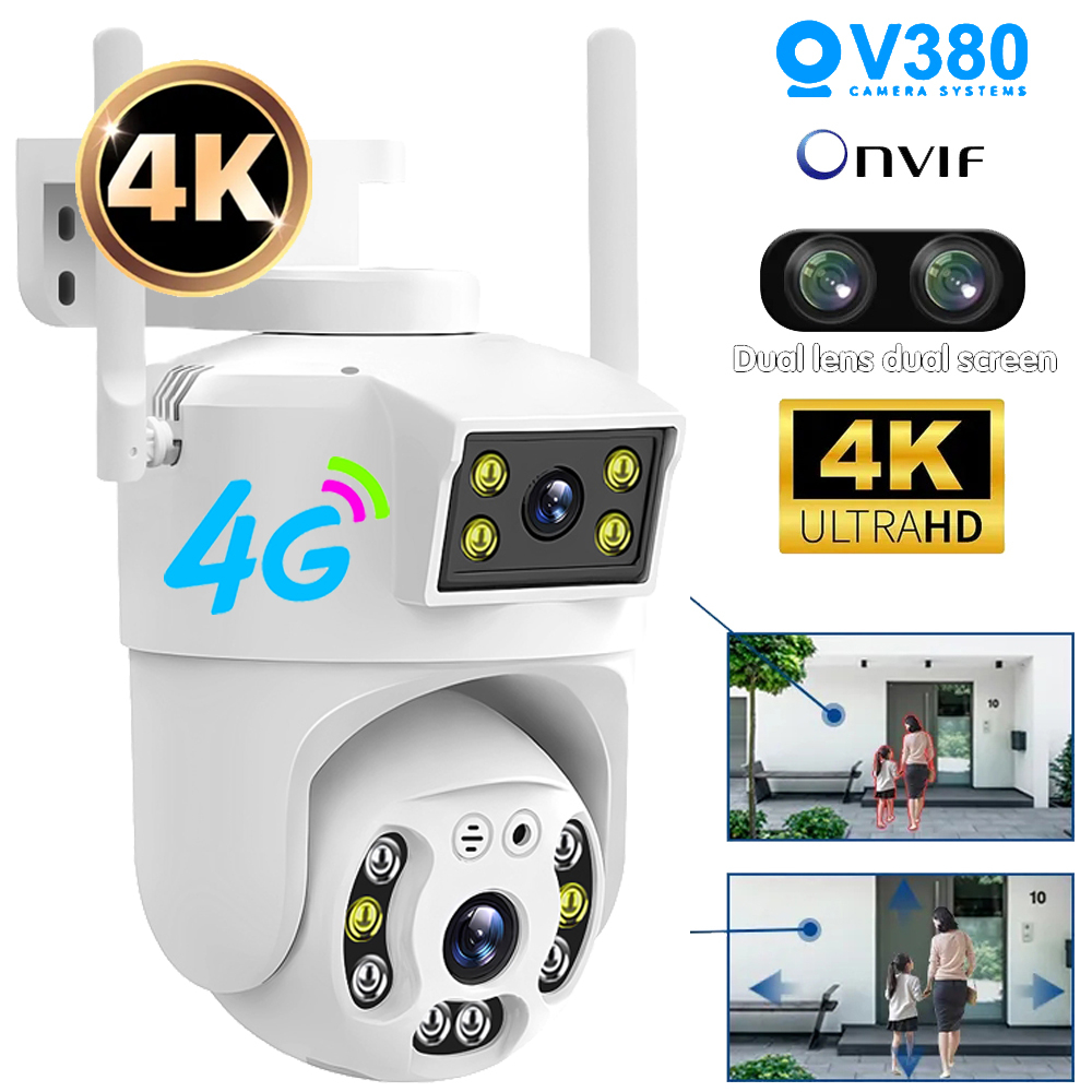 Câmera CCTV V380 Pro 4G Sim Card 4K 8MP HD De Lente Dupla De Tela 360 Graus PTZ IP Sem Fio ...