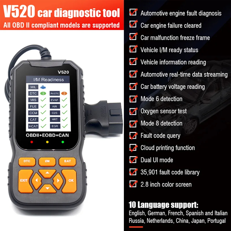 V520 Novo Scanner OBD2 Profissional Sistema De Motor Automóvel De Vida ...