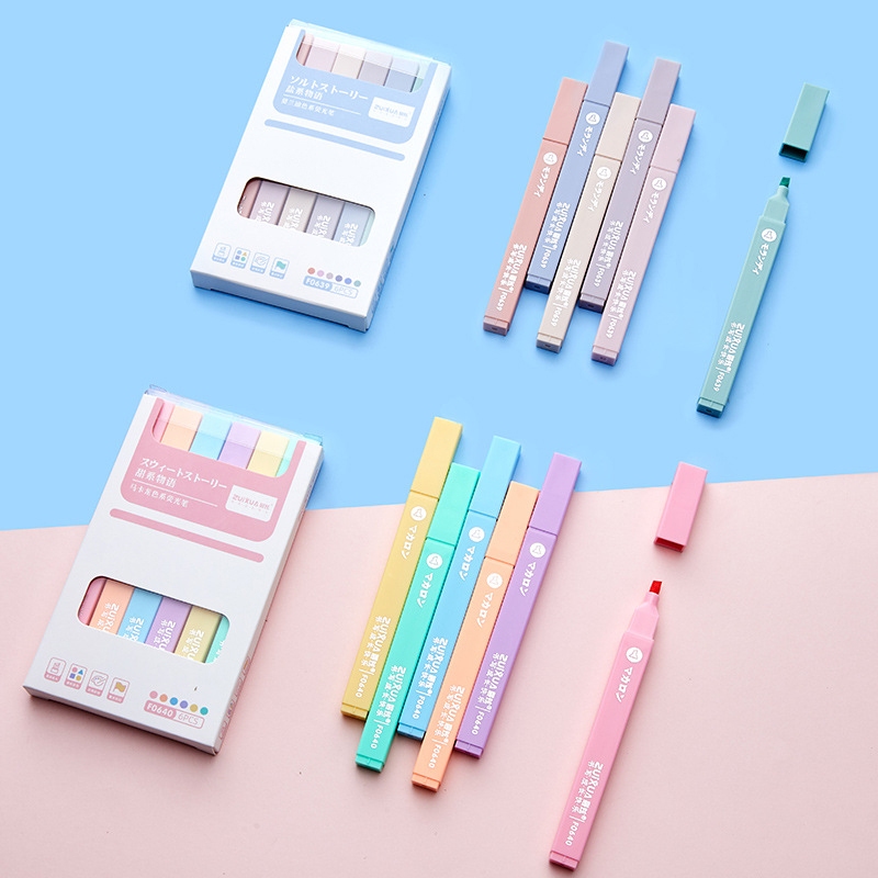 Kit 6pcs Morandi Color Highlighter Marker Pen Cabeça Dupla Macia ...