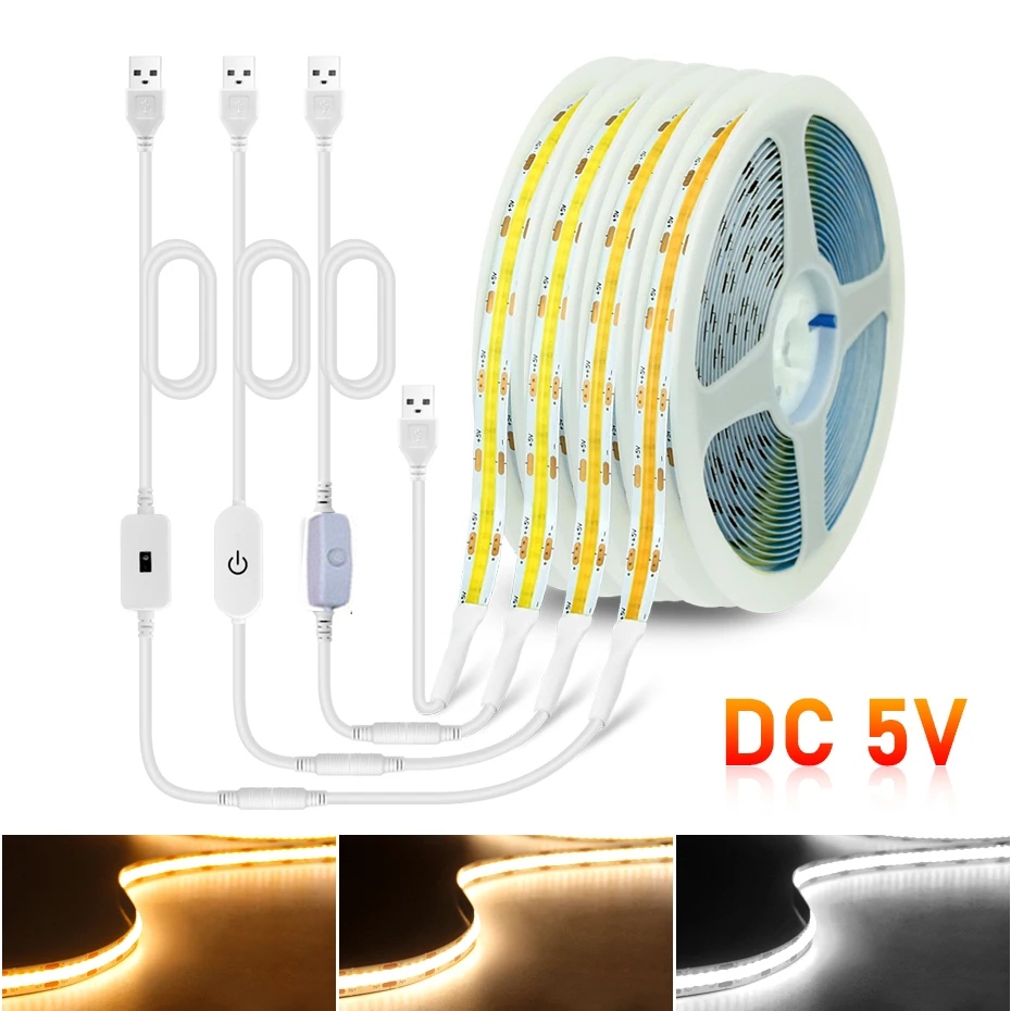 Fita LED 5V USB Regulável Branco 3000K 4000K 6000K Flexível E Cuttable ...