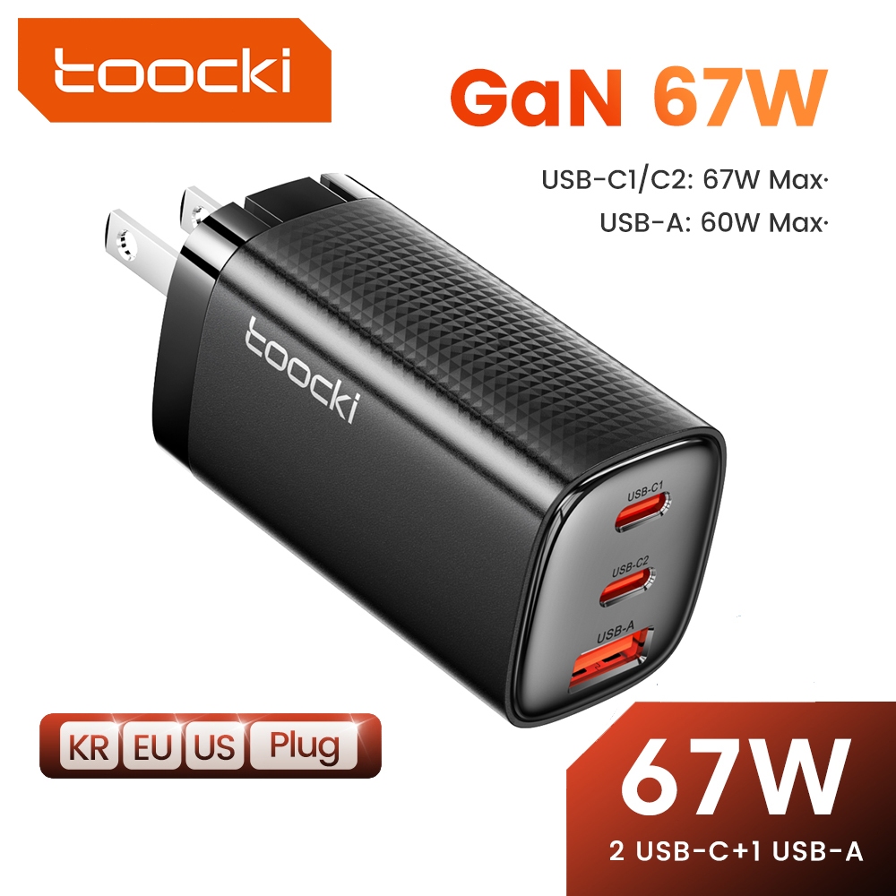 Carregador Toocki 67W GaN USB C Carga Rápida QC3.0 Adaptador De Rápido Tipo De Três Portas ...