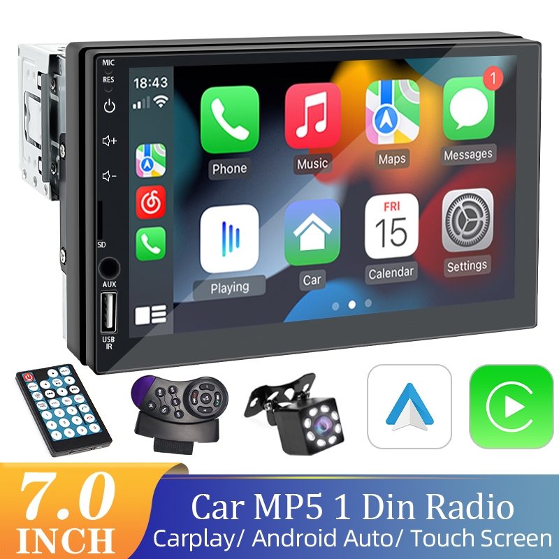 Central Multimídia Carplay 1 Din 7 Polegadas MP5 Bluetooth USB/AUX/TF Mirrorlink Com Tela De ...