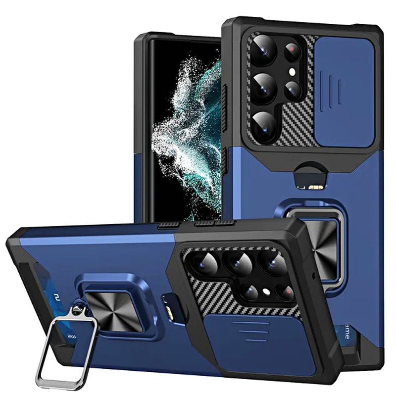 Caso de telefone rígido à prova de choque com suporte de metal e slot para cartão Samsung S24 ...