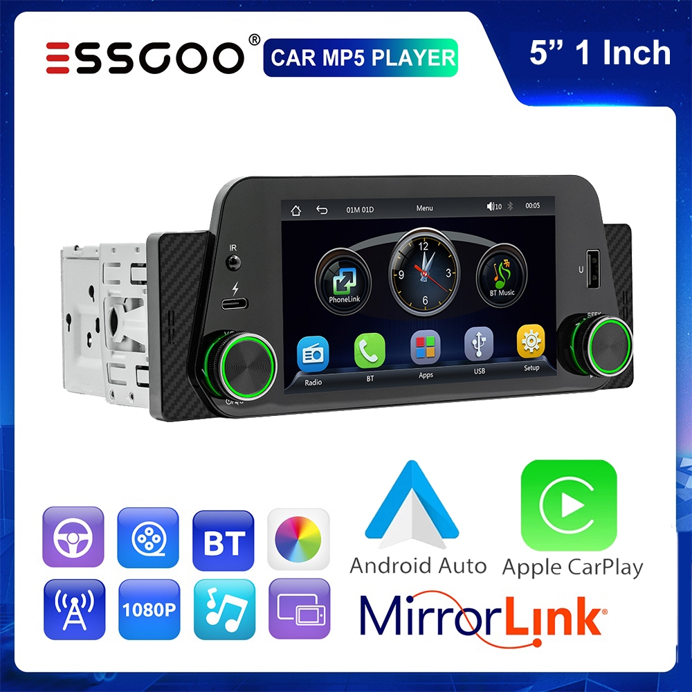ESSGOO 5 " HD Touch Screen Rádio Do Carro 1 Din Carplay Android Auto Espelho Link Bluetooth MP5 ...