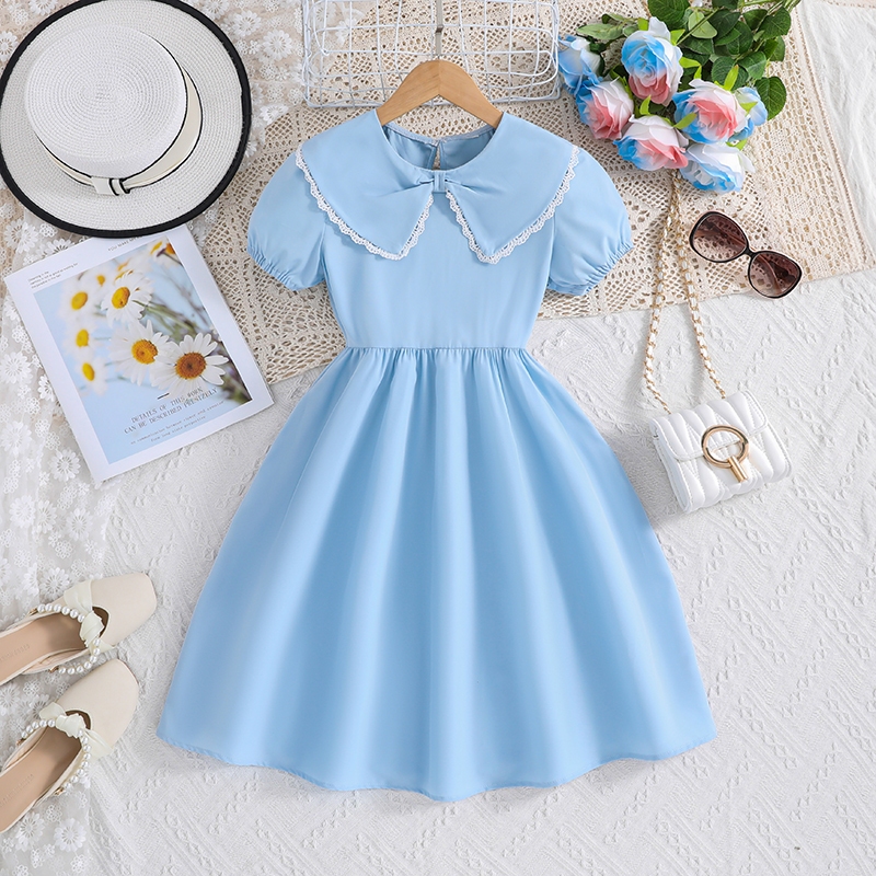 Siyyyis Vestido Para Meninas 9-12 Anos Cream Blue Puff-Sleeve Doll ...