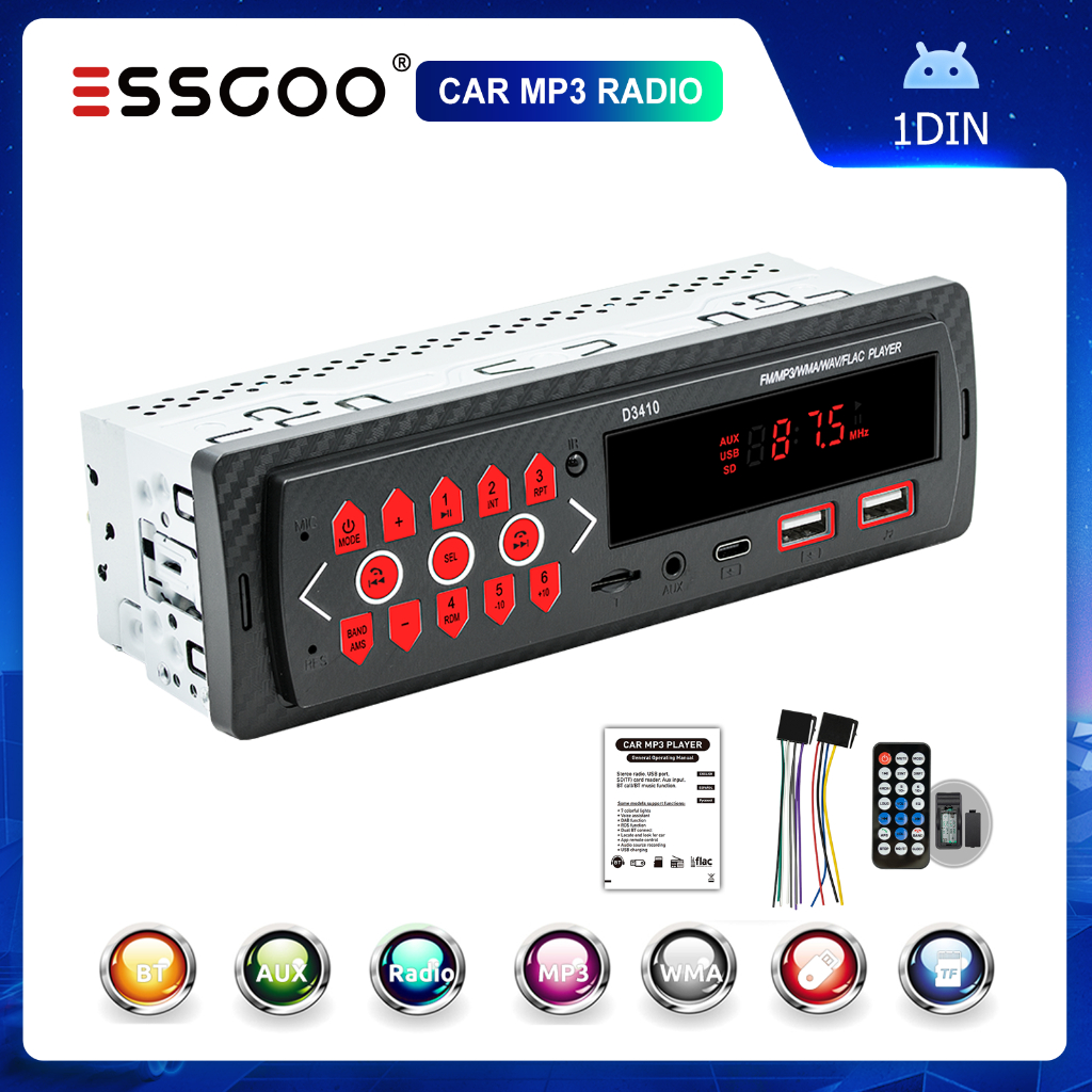 ESSGOO Rádio de Carro 1 Din Car Radio MP3 Player Bluetooth Suporte De Automotivo Fm USB AUX-IN ...