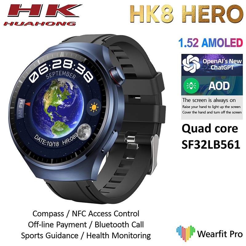 ChatGPT AMOLED HK8 Hero Smart Watch Compass NFC Discagem Bluetooth Chamada Música AOD Ai Voz ...