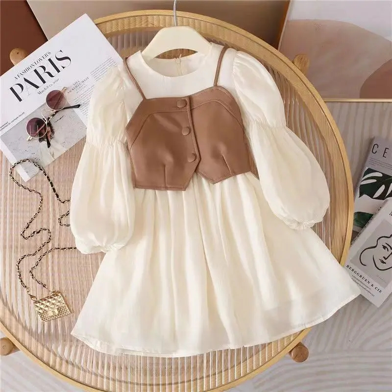 2-12 Anos Manga Longa Meninas Chiffon Princesa Vestido Primavera E ...