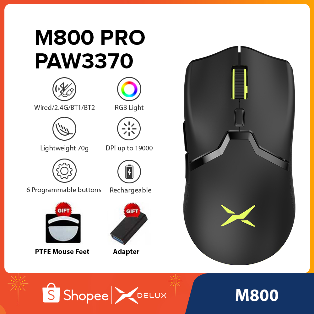 Delux M800pro M800 pro PAW3370 RGB Mouse Para Jogos Óptico Recarregável Programável Sem Fio Tipo ...