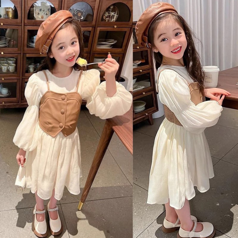 Vestido Chiffon Para Meninas + Colete De Couro PU 2Pcs Manga Longa ...