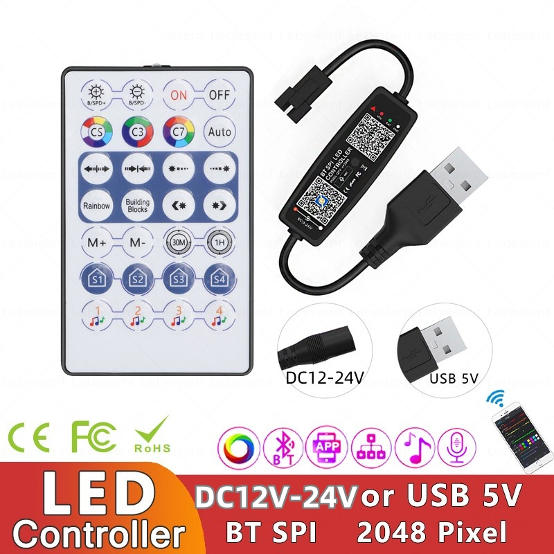 Mini USB 5V BT LED Dimmer Controlador Bluetooth SPI DC 12V-24V 2048 Pixel APP Inteligente & amp ...