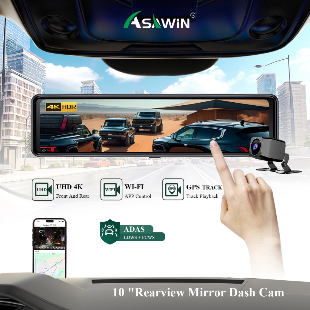 Asawin H109 4k Wifi Dashcam Espelho Retrovisor Gps Adas Frente E Verso 