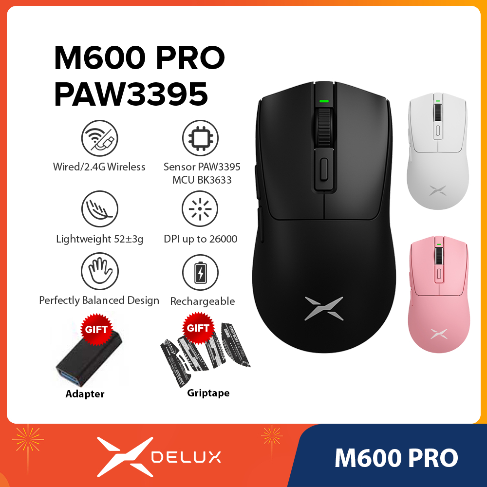 Delux M600 PRO PAW3395 Mouse Para Jogos DPI MAX 26000 Com Fio 2.4G Sem Recarregável 52g Design ...