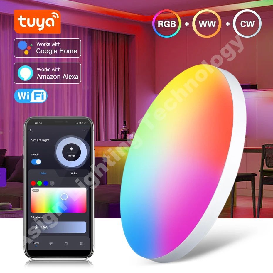 Tuya WiFi Lâmpada De Teto LED Inteligente RGB Com Regulação De Fluxo ...