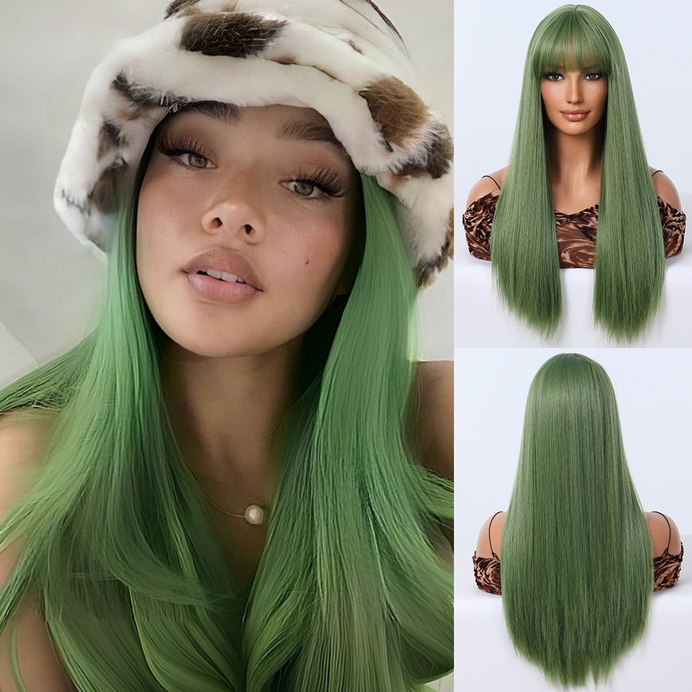 Peruca Verde Liso Fibra Sintética Peruca Wig Com Franja 65cm Peruca ...