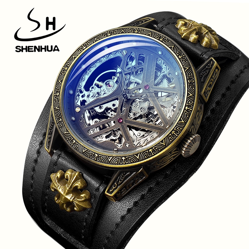 SHENHUA Steampunk Rock Style Men Watch Skeleton Transparente Relógio ...