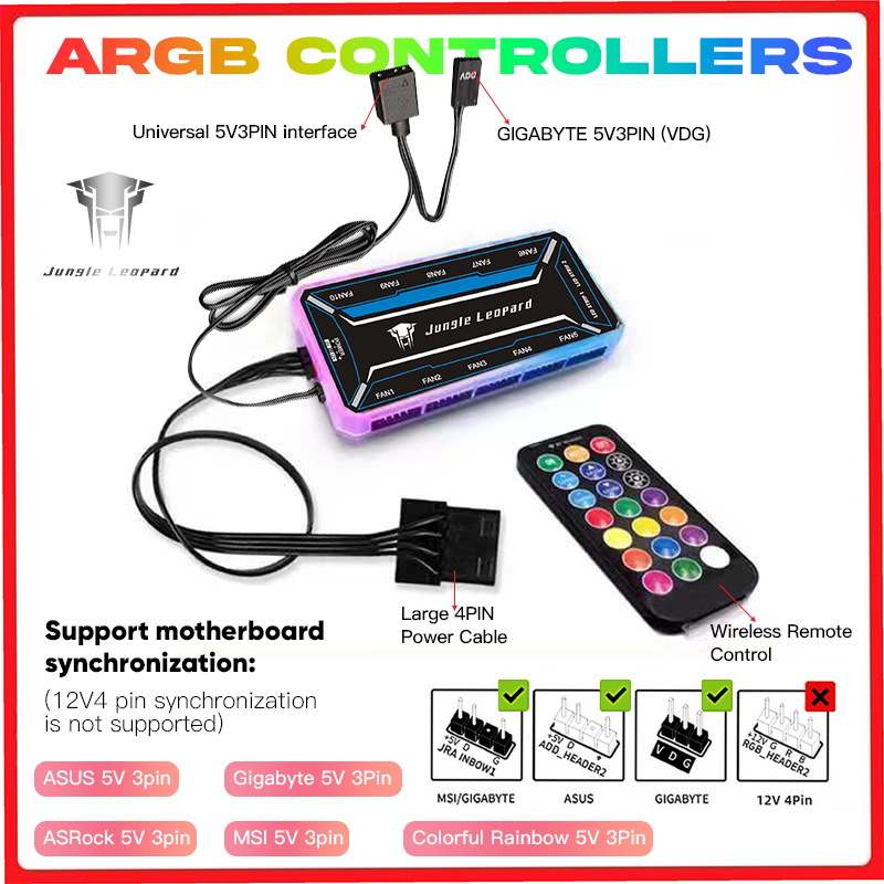 Jungle Leopard CPU Fan Cooler Controlador RGB Controle Remoto 10 Ventiladores HUB 6PIN Portas ...