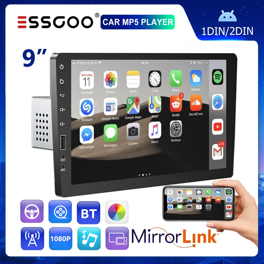 ESSGOO 9 " Polegadas MP5 1 DIN Rádio Estéreo Para Carro Bluetooth link Espelho FM Receptor ...